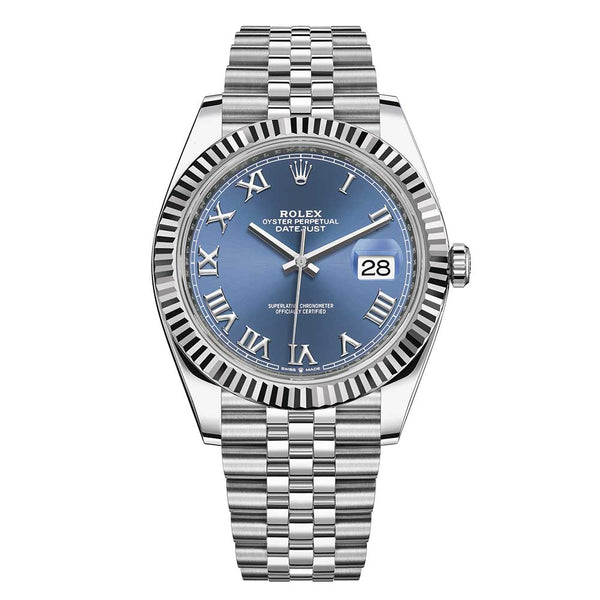 Rolex DateJust 41MM Blue Roman Dial Oystersteel and White Gold Fluted ...